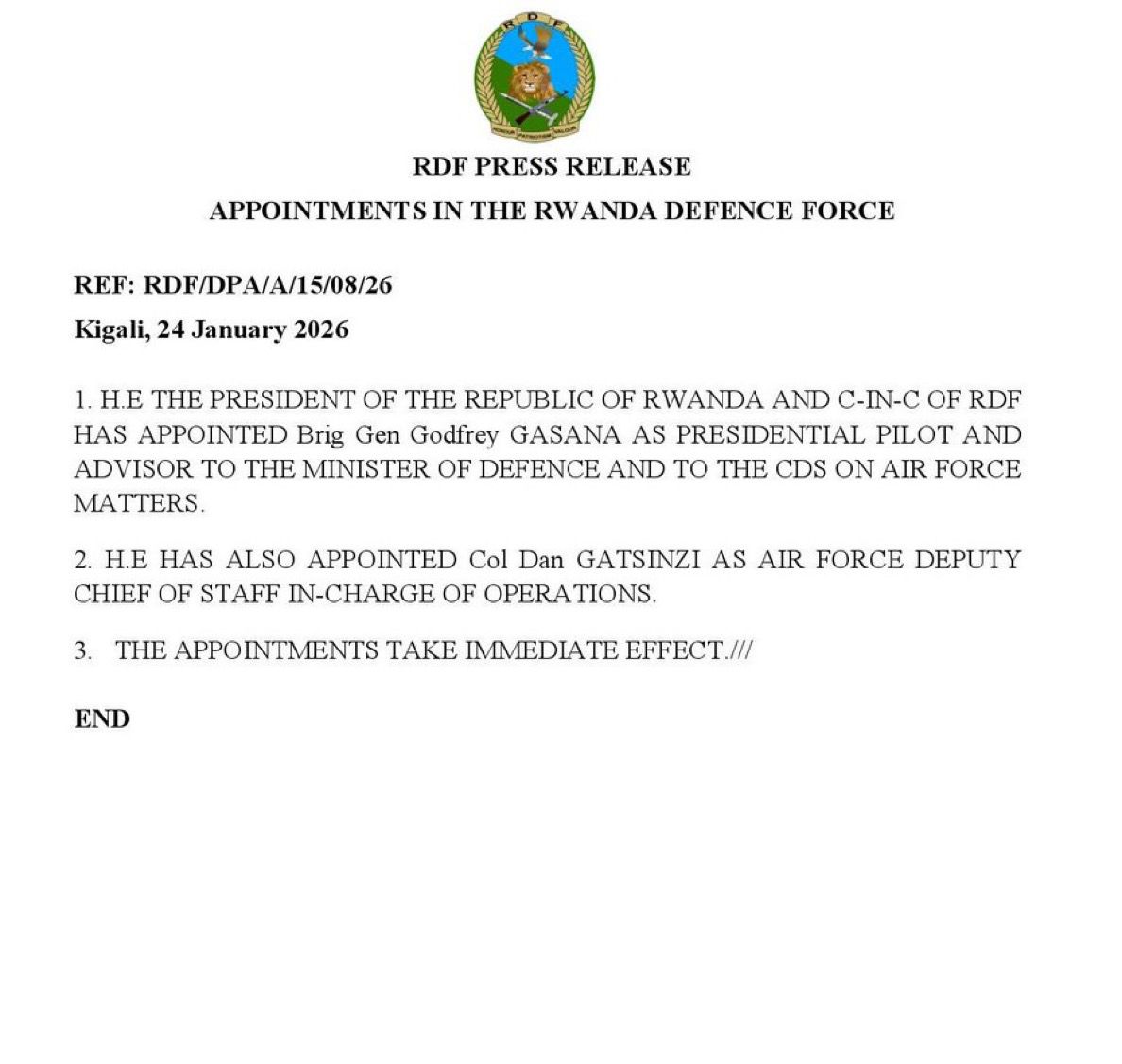 Brig Gen Godfrey Gasana appointed Presidential Pilot